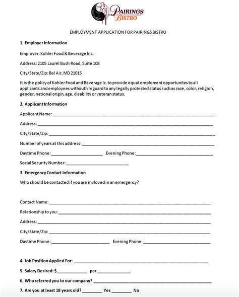 Job Application Pairings Bistro