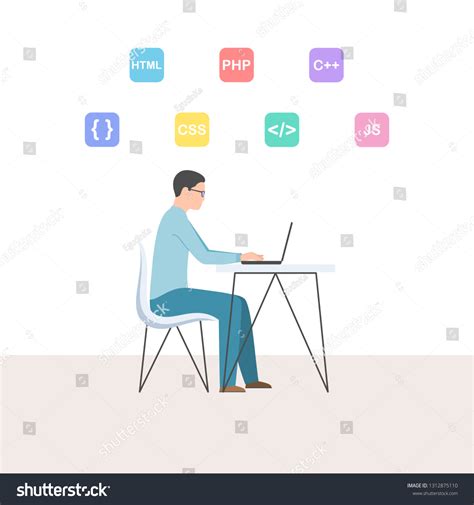 Programmer Working On Laptop Young Man เวกเตอร์สต็อก ปลอดค่าลิขสิทธิ์