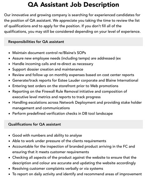 Qa Assistant Job Description Velvet Jobs