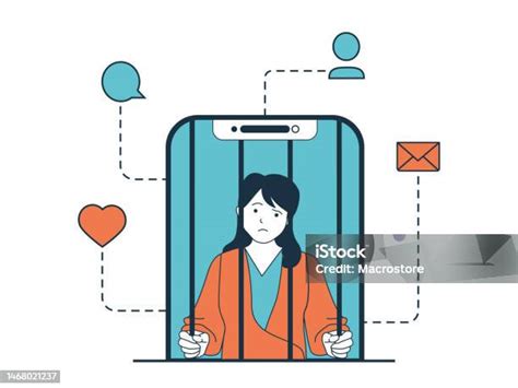 캐릭터 상황이 있는 인터넷 중독 개념 여자는 소셜 네트워크에 중독되어 있으며 새장에 갇힌 죄수처럼 스마트 폰에 앉아 있습니다