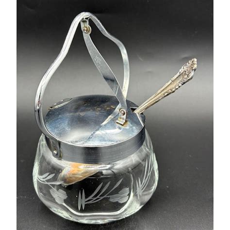 Vintage Etched Glass Hinge Lidded Jam Jar With Spoon Condiment Caviar