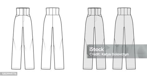 바지 하이 웨이스트 테크니컬 패션 일러스트와 전체 길이 포켓 바닥 클로저 라운드 포켓 플랫 팬츠 바지 의복에 대한 스톡 벡터 아트 및 기타 이미지 Istock