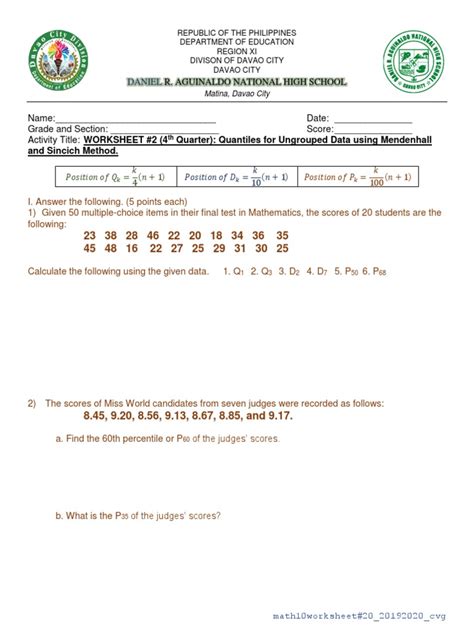 Worksheet20 Quantiles For Ungrouped Data Mendalhall And Sincich Method Pdf Statistical