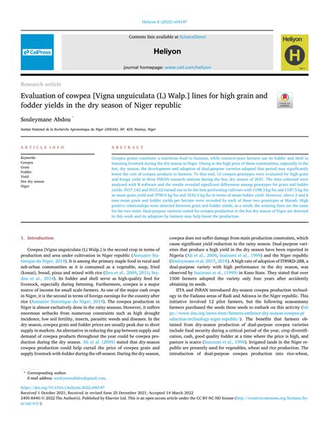 Pdf Evaluation Of Cowpea Vigna Unguiculata L Walp Lines For High Grain And Fodder Yields