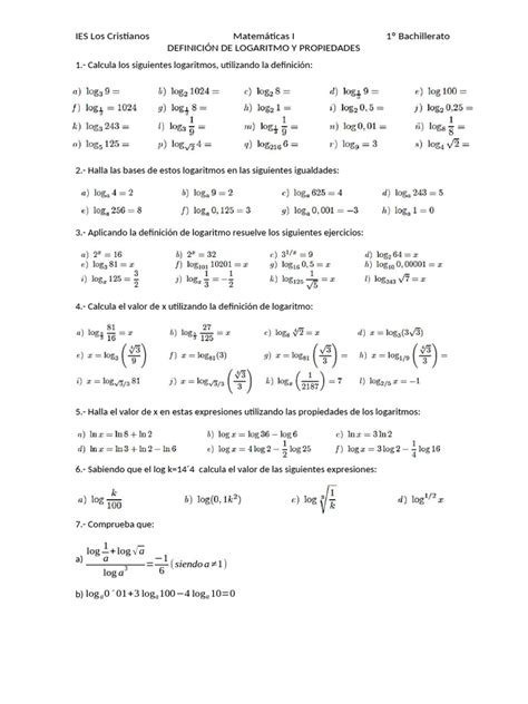 Definición Y Propiedades De Los Logaritmos Pdf
