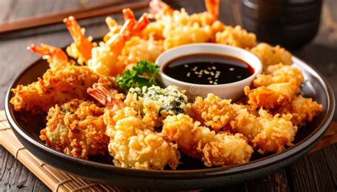 Delicious Tempura Platter With Dipping Sauce Stock Illustration