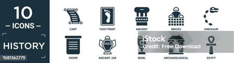 채워진 기록 아이콘이 설정되었습니다 플랫 카트 발자국 고대 벽돌 공룡 종이 고대 항아리 그릇 고고학 편집 가능한 형식의 이집트 아이콘이 포함되어 있습니다 꽃병에 대한 스톡