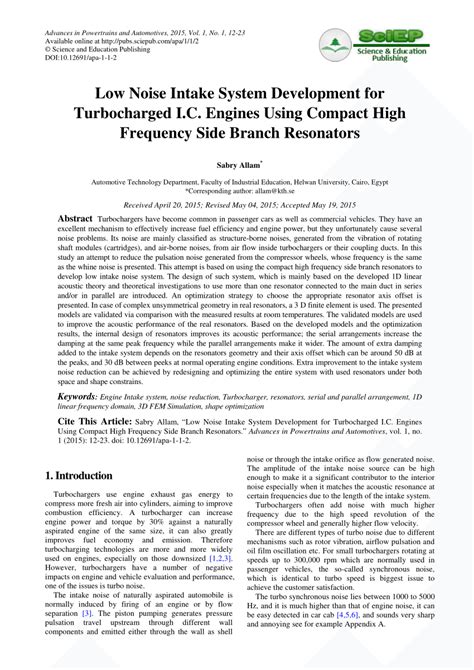 Pdf Low Noise Intake System Development For Turbocharged I C Engines Using Compact High