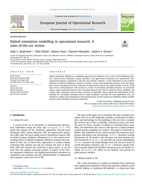 PDF Hybrid Simulation Modelling In Operational Research A State Of The Art Review