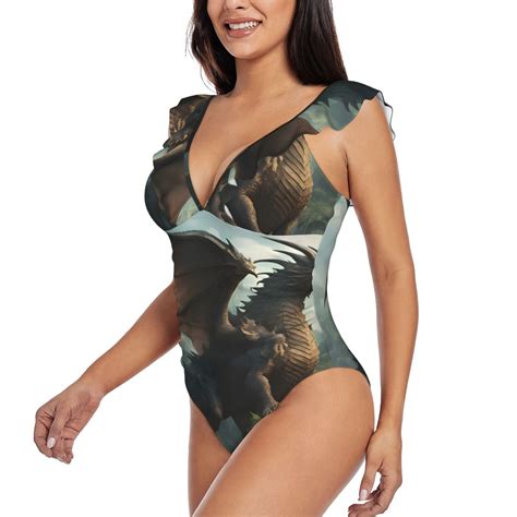 Cauagu Forest Stone Colored Dragon Print One Piece Swimsuits For Women