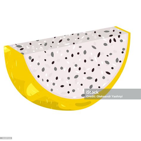 흰색 배경에 고립 된 신선한 컷 슬라이스 노란색 피타야 과일 건강한 라이프 스타일을위한 여름 과일 유기농 과일 만화 스타일 모든 디자인에 대한 벡터 그림입니다 0명에 대한
