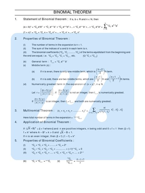 Binomial Theorem Formula Sheet Pdf Pdf Number Theory Mathematical