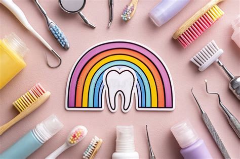 Colorful Tooth Icon With Dental Tools Arranged Creatively On A Pink Background For Promoting