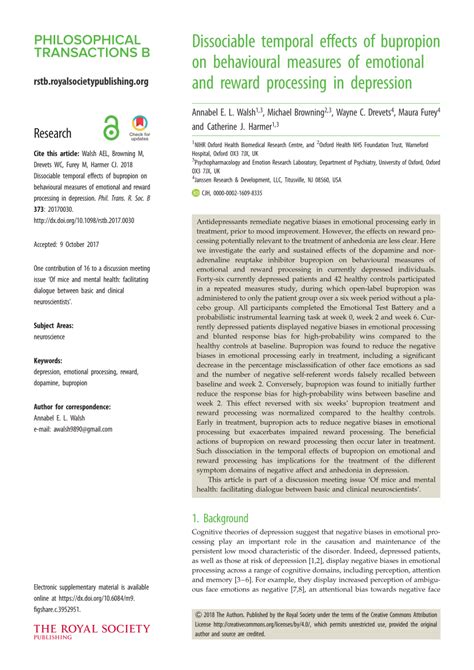 Pdf Dissociable Temporal Effects Of Bupropion On Behavioural Measures Of Emotional And Reward
