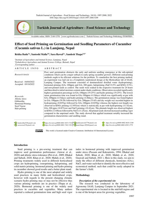 Pdf Effect Of Seed Priming On Germination And Seedling Parameters Of Cucumber Cucumis Sativus