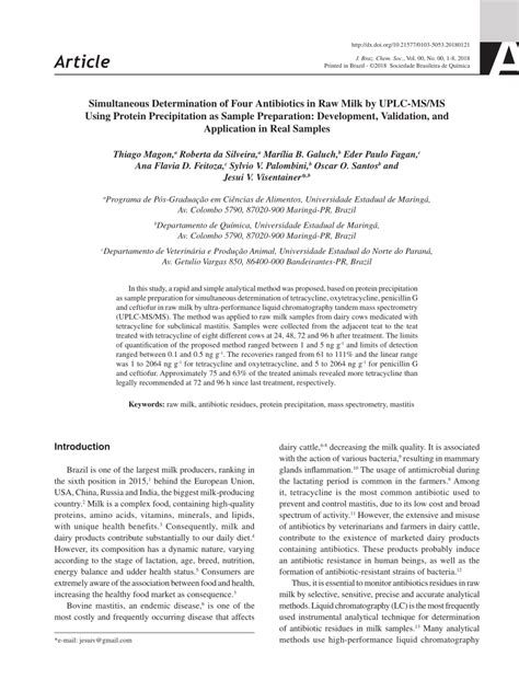 Pdf Simultaneous Determination Of Four Antibiotics In Raw Milk By Uplc Msms Using Protein