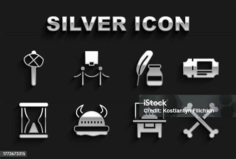 뿔 헬멧 박물관 티켓 교차 인간의 뼈 전시 유리 쇼케이스 모래 깃털 잉크병 석기 시대 망치 및 그림 로프 장벽 아이콘과 오래 된 모래 시계에 바이킹을 설정합니다 벡터 검은