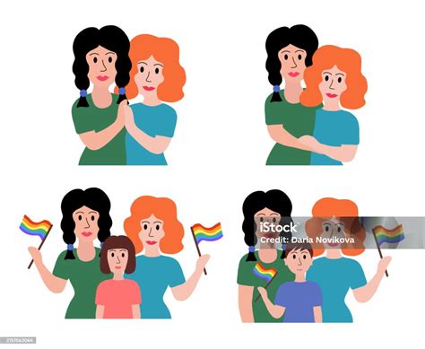 Lgbt 개념 레즈비언 부부 여자는 남자아이나 여자아이를 입양했다 여러 가지 색의 깃발을 들고 프라이드 퍼레이드를 하고 포옹합니다 평면 스타일의 벡터 그림입니다 Lgbt