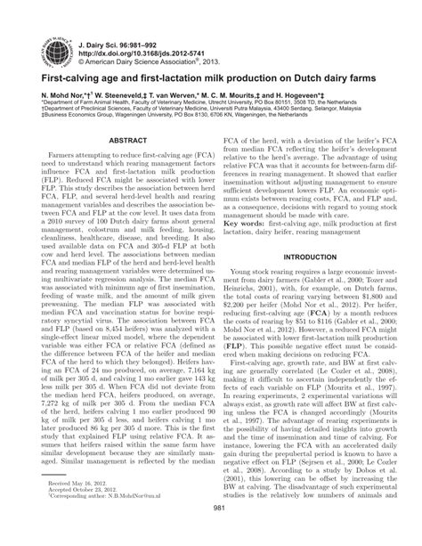 Pdf First Calving Age And First Lactation Milk Production On Dutch Dairy Farms