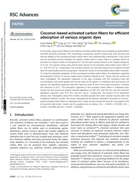 Pdf Coconut Based Activated Carbon Fibers For Efficient Adsorption Of Various Organic Dyes