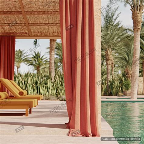 Ai创作图粉红色露台 带游泳池 橙红色户外效果图 大红廊柱 红色幔帐 红色廊柱 朱红廊柱 别墅广告红绸布 粉红色的宁静户外休息区 红廊柱 红色廊柱檐柱 泳池旁太阳伞 红漆廊柱 橙色软装 红色纱