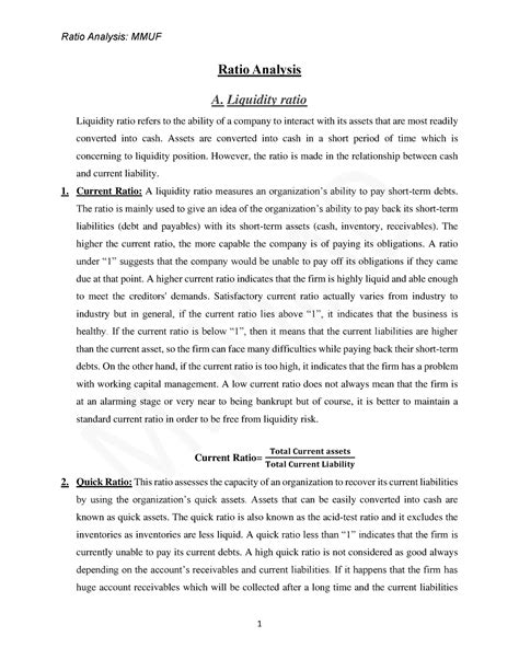 Ratio Analysis Note Ratio Analysis A Liquidity Ratio Liquidity Ratio