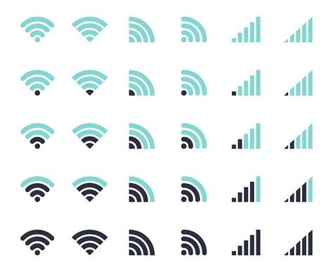 Wifi 표시기 스마트폰 Wifi 신호 아이콘 휴대 전화 5g 및 Lte Wifi 신호 강도 수준 플랫 벡터 그림 세트 프리미엄 벡터
