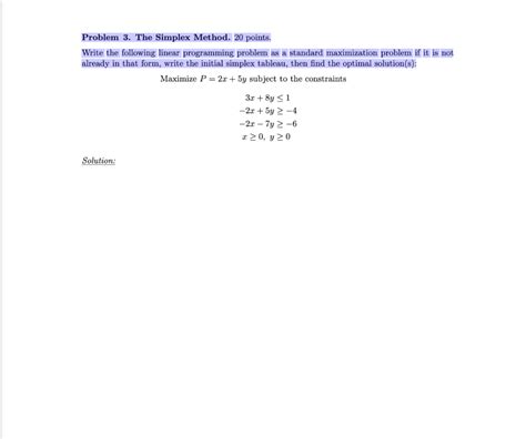 Solved Problem 3 The Simplex Method 20 Points Write The