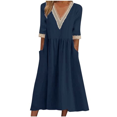 Womens Cotton Linen Dress Summer Midi Dresses With Pockets 2024 Spring