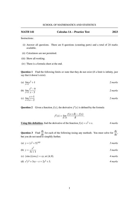 Math141 Practice Test 1 School Of Mathematics And Statistics Math 141 Calculus 1a Practice