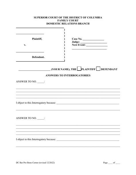 Washington D C Answers To Interrogatories For Pro Se Or Self Represented Persons Fill Out