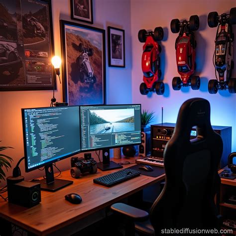 Developer Workspace With Music Gear And RC Cars Stable Diffusion Online