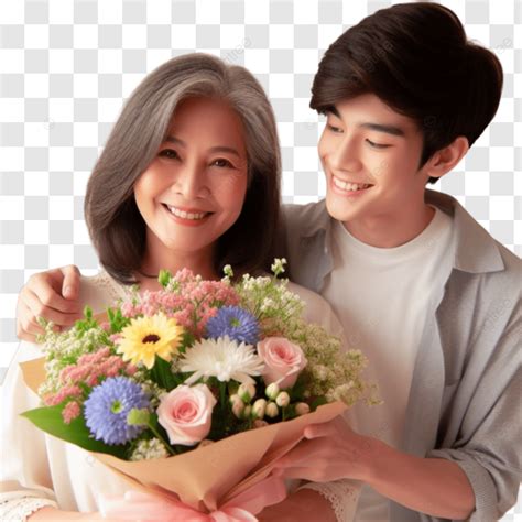 Mothers Day A Son Surprises His Mother With A Bouquet Mothers Day