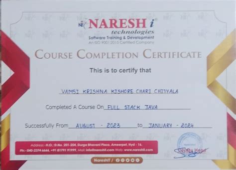 course complition certificate on full stack java vamsi krishna chityala