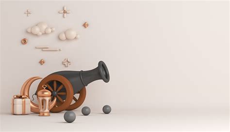 대포 초승달 아랍어 랜턴 선물 상자 만화 스타일 라마단 카림 Mawlid 이프타르 이스라 미라즈 이드 알 피터 아드하 무하람 복사 공간 텍스트 3d 일러스트와 이슬람 장식