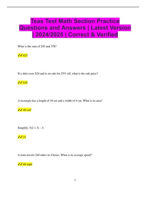 Teas Test Math Section Practice Questions And Answers Latest Version