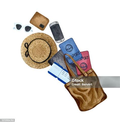 수채화 여행 일러스트레이션 천 안경 모자 파스포츠 티켓 가방 여름 방학 손으로 그리기 휴가 구성 흰색 배경에 고립 가방에 대한 스톡 벡터 아트 및 기타 이미지 Istock