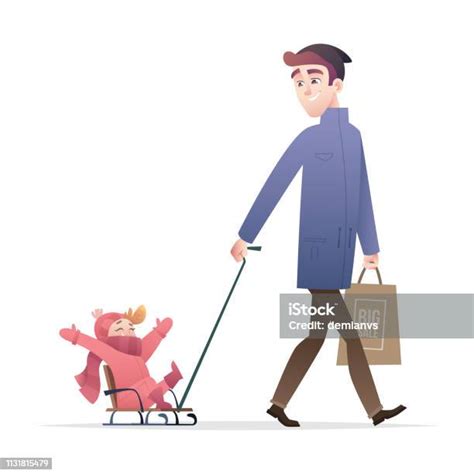 아버지는 아이 들을 썰매 아기와 아빠가 함께 보내는 동안 겨울 방학 동안 함께 시간을 보내고 눈 위에서의 컨셉 겨울철 활동 가족에 대한 스톡 벡터 아트 및 기타 이미지