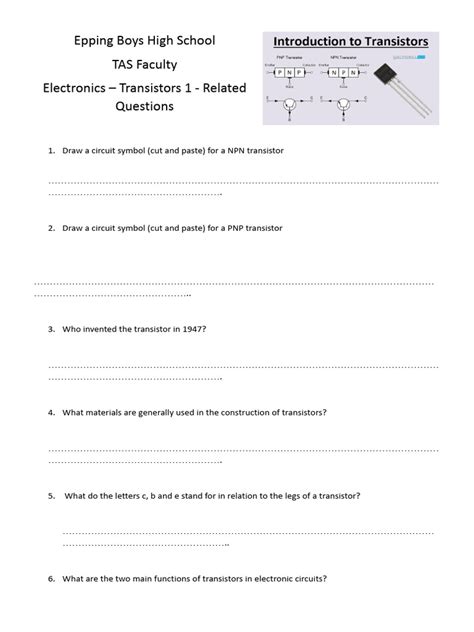 Transistors 1 Question Sheet Pdf