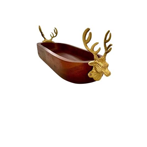 Serving Tray Wood With Metal Deer Head Handle Antler On Multiuse Dish