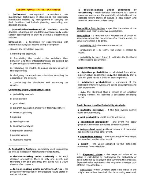 Quantitative Techniques Lesson Quantitative Techniques Rationale