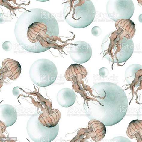 수채화 메두사와 매끄러운 패턴 손으로 그린 조개 패턴입니다 수채화 빈티지 바다 배경 원래 손으로 그린 그림입니다 해양 디자인 갈색에 대한 스톡 벡터 아트 및 기타 이미지