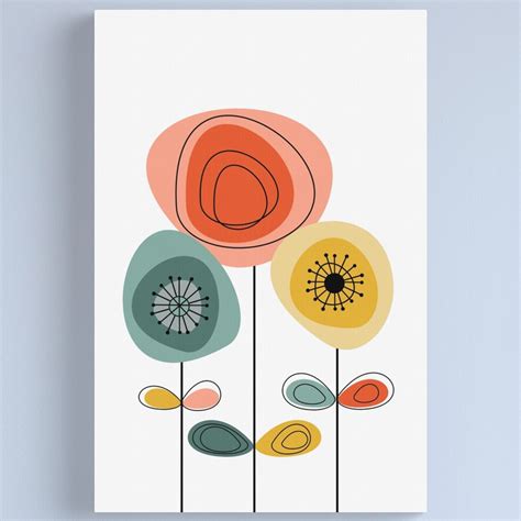 Mid Century Modern Happy Flower Canvas Print Whimsical Art Paintings