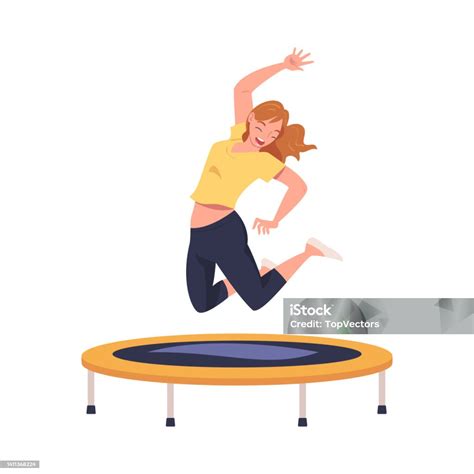 흥분 된 여성 캐릭터 점프와 트램폴린에 튀는 레크리에이션 활동에 종사 벡터 일러스트 레이 션 건강한 생활방식에 대한 스톡 벡터 아트 및 기타 이미지 Istock