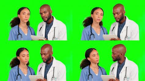 在医学研究、保健护士检查或开发团队合作中，医生面、片剂和团队协作。绿屏肖像，医院研究和色度键外科医生 视频素材下载 编号 25073144 光
