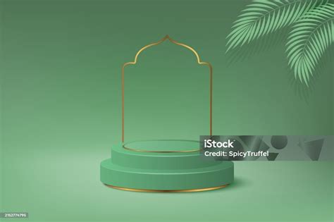 라마단 배경 녹색 이슬람 3d 제품 연단 열대 나뭇잎 스탠드 또는 받침대 금색 이슬람 아치와 빈 받침대 프로모션 배너 또는 포스터 템플릿 종교 휴일 벡터 렌더 3차원 형태에