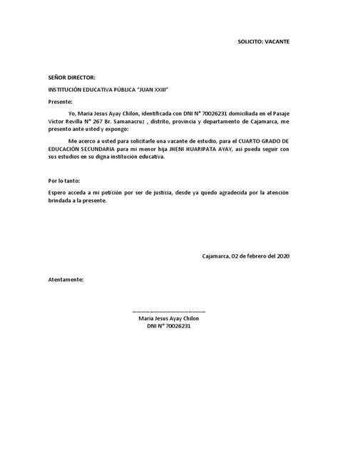 Solicitud De Vacante Colegio Pdf