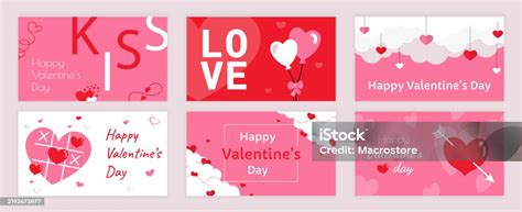 발렌타인 데이 표지 타이포그래피 템플릿 소셜 미디어용 세트 키스와 사랑 하트 풍선 화환과 구름 로맨틱 게임 큐피드 화살 다른 인사말 카드 디자인 벡터 일러스트 레이 션