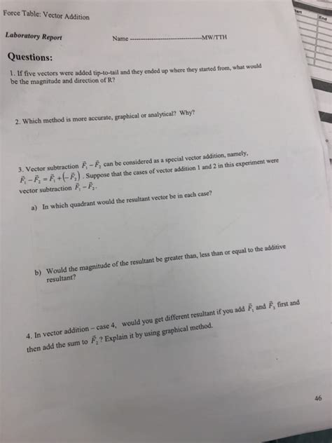 Solved Force Table Vector Addition Laboratory Report