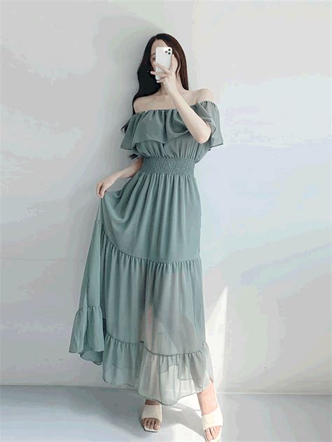 쉬폰 프릴 오프 시스루 롱 원피스 3color 에이블리